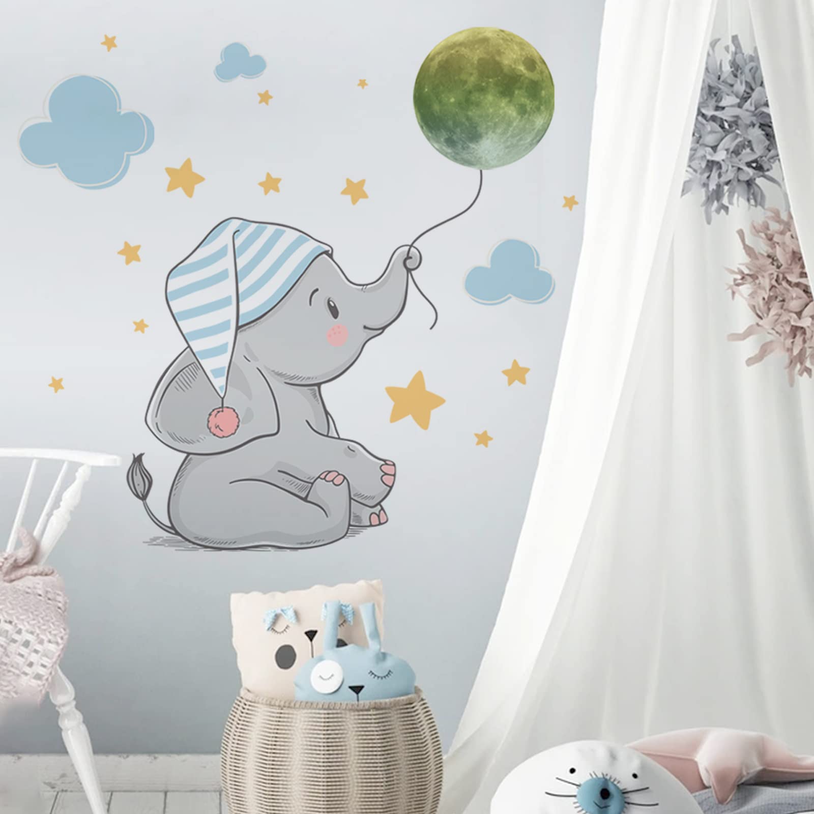 Lovely Elephant with Night Cap Wall Stickers, Luminous Moon Wall Decals, Cloud Star Cartoon Wall Decors, Removable DIY Art Wall Mural for Kids Bedroom, Nursery, Home Decoration