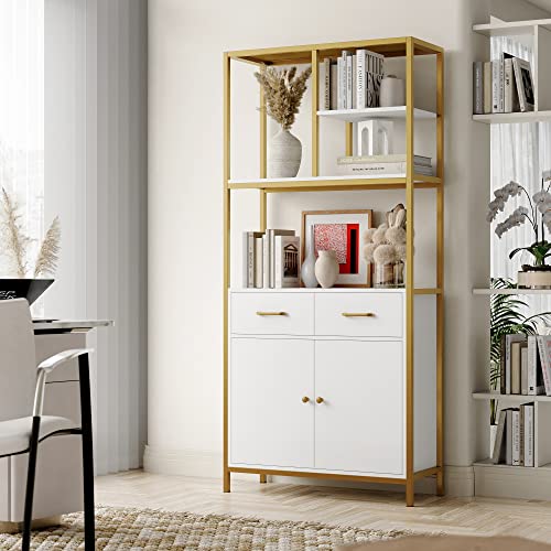 HITHOS 71" Tall Bookshelf, Modern White and Gold Bookcase, Book Shelves with Drawers and Storage Cabinet, Metal Etagere Bookcase Display Shelves for Home Office, Gold/White