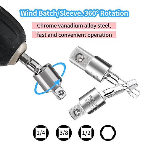 Flexible Drill Bit Extension Set, 105° Right Angle Drill Attachment, 1/4 3/8 1/2In Hex Shank Impact Driver Socket Adapter Rotatable Socket, Bendable Drill Bit Extension Screwdriver Bit