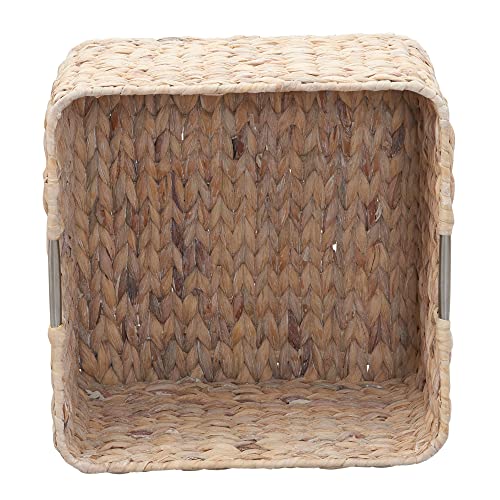 Household Essentials, White Wash Square Wicker Basket, Hyacinth Cube with Stainless Steel Handles, Intricate and Durable Weave, Sturdy Metal Frame