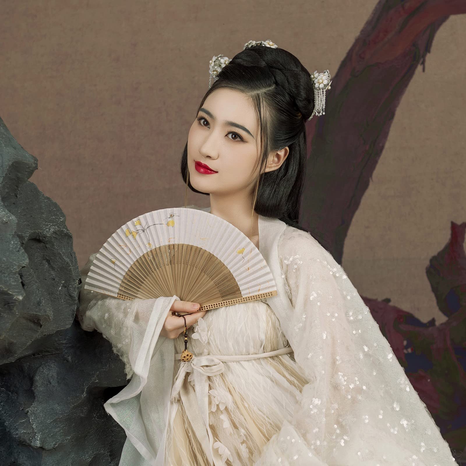 ERTUO Single Side Embroidered Hand Fan (Flower/Bird) Chinese Style Palace Fan Hanfu Fan