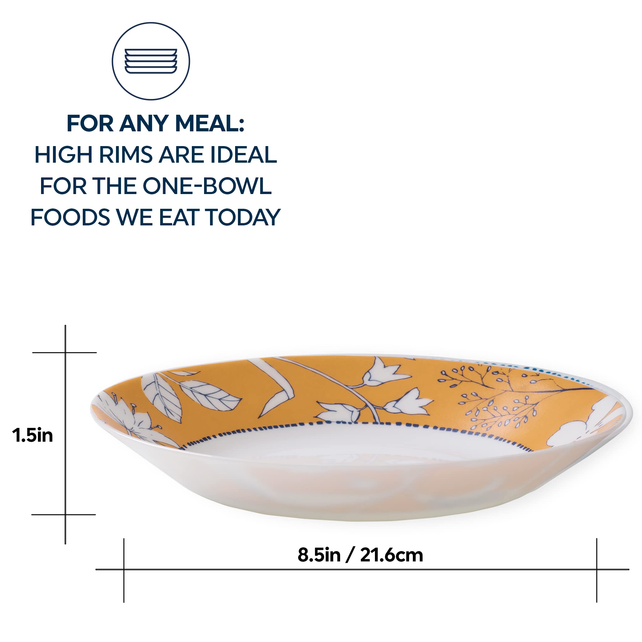 Corelle MilkGlass 4-Piece (23 Oz) 8.5" Pasta Bowl Plate Set, Higher Rimmed Glass Dinnerware For Pasta Salad Meal, Azure Medallion, 1 Count (Pack of 4)