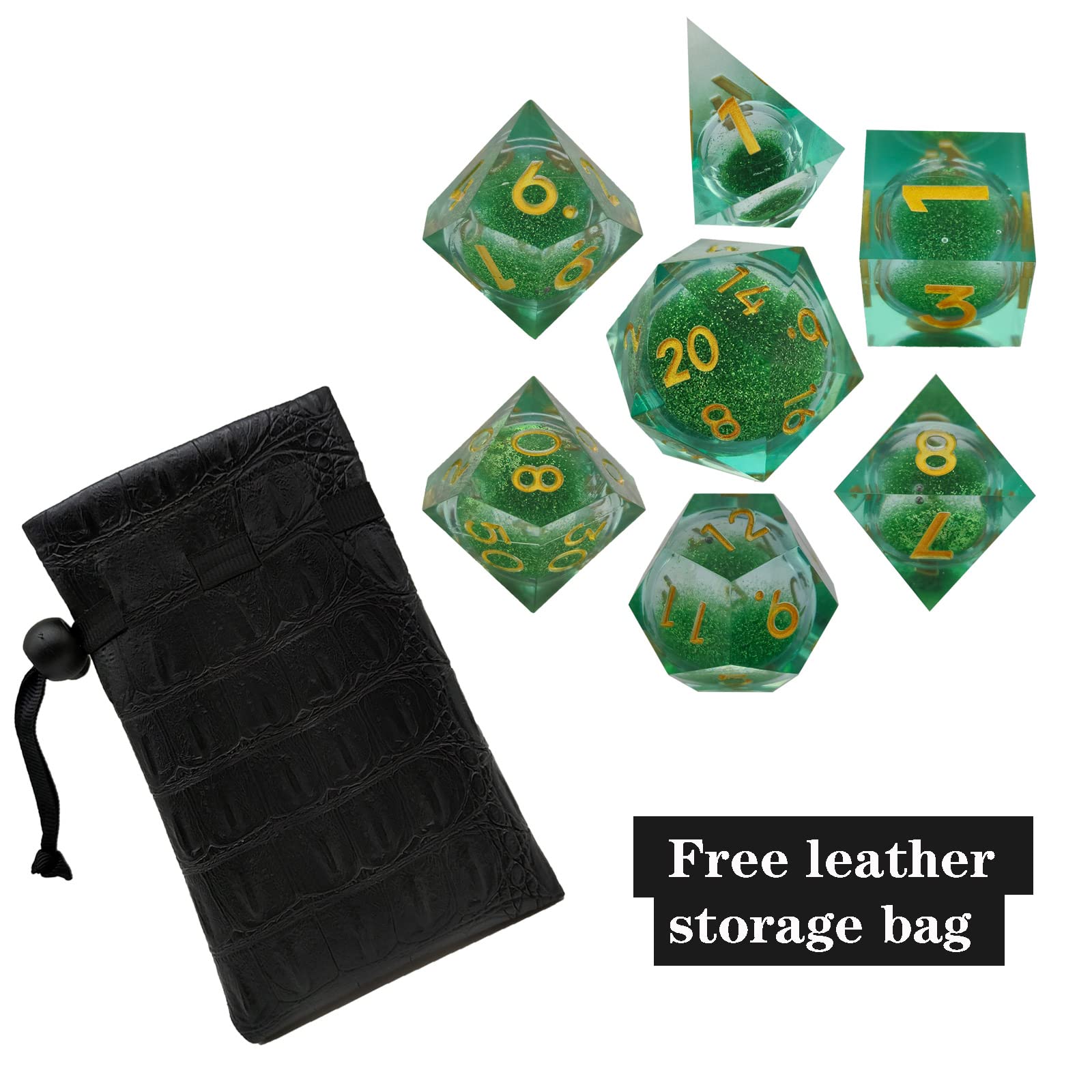 Dice Set - Polyhedral Dice TRPG Game Accessories 100% Handmade Sharp Dice Mtg D20 Dice Set Inclusions Liquid Core Dice Quicksand Ball Send Black Leather Pouch - Green