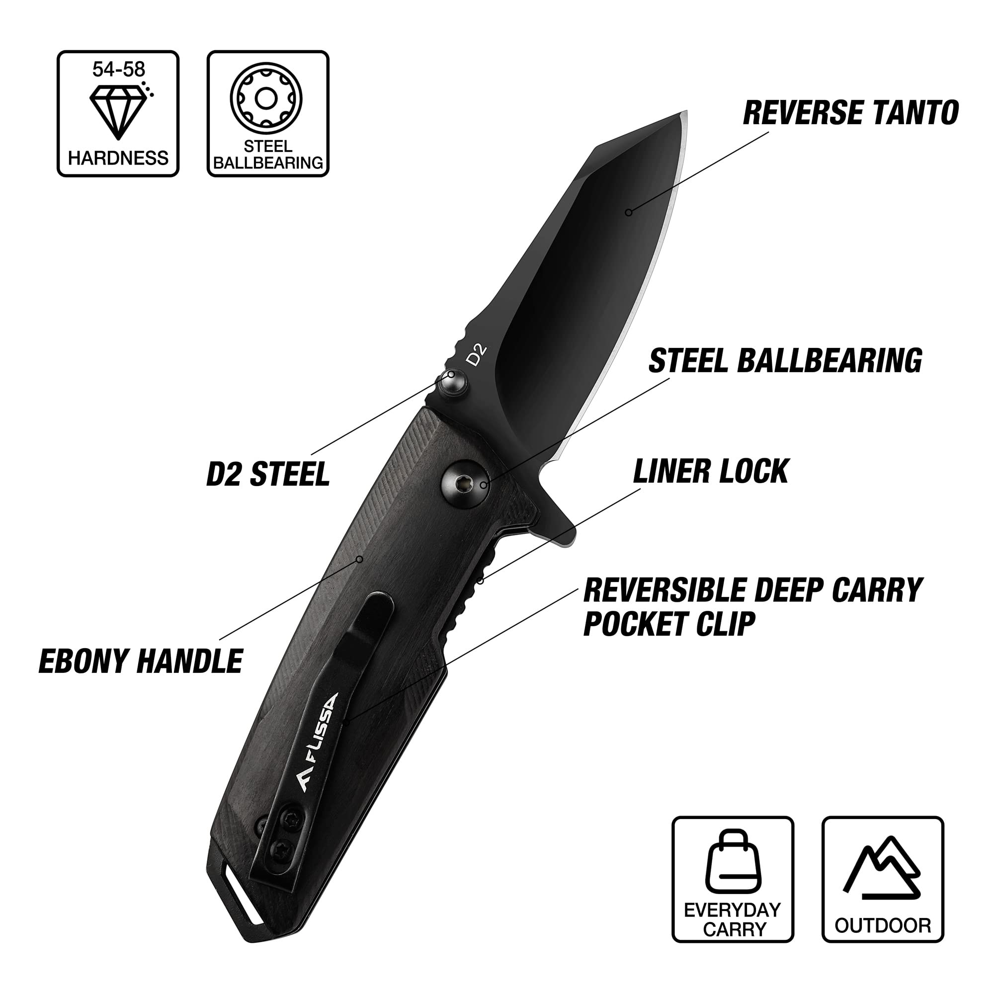 FLISSA Small Pocket Knife, 2-3/4" D2 Steel Blade, EDC Folding Knives, Ebony Wood Handle with Clip, Mini Knife with Liner Lock for Everyday Carry Camping Survival Hiking