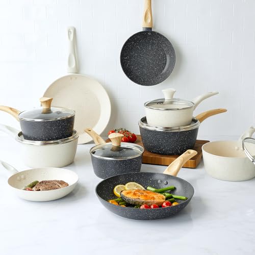 KOCH SYSTEME CS 10 Inch Frying Pans Nonstick, Ultra Non Stick Black Marble Omelet Pan with Ergonomic Bakelite Handle, Aluminum Skillets with Honeycomb Design on Inner Surface