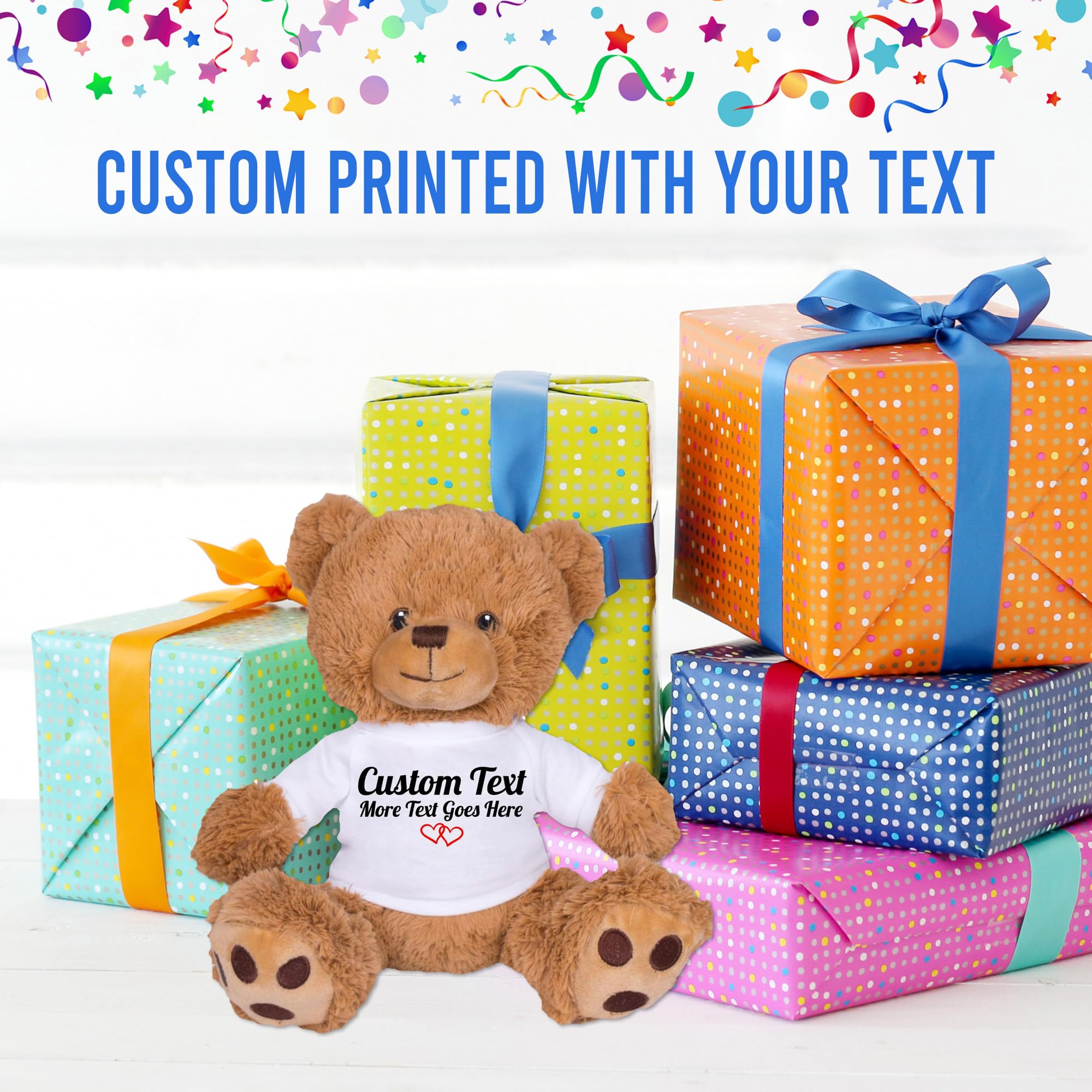 TeesAndTankYou Custom Teddy Bear 8 Inch with Custom Text, Personalized Gift for Anniversary, Graduation, Christmas, Brown Stuffed Animal White Shirt CT