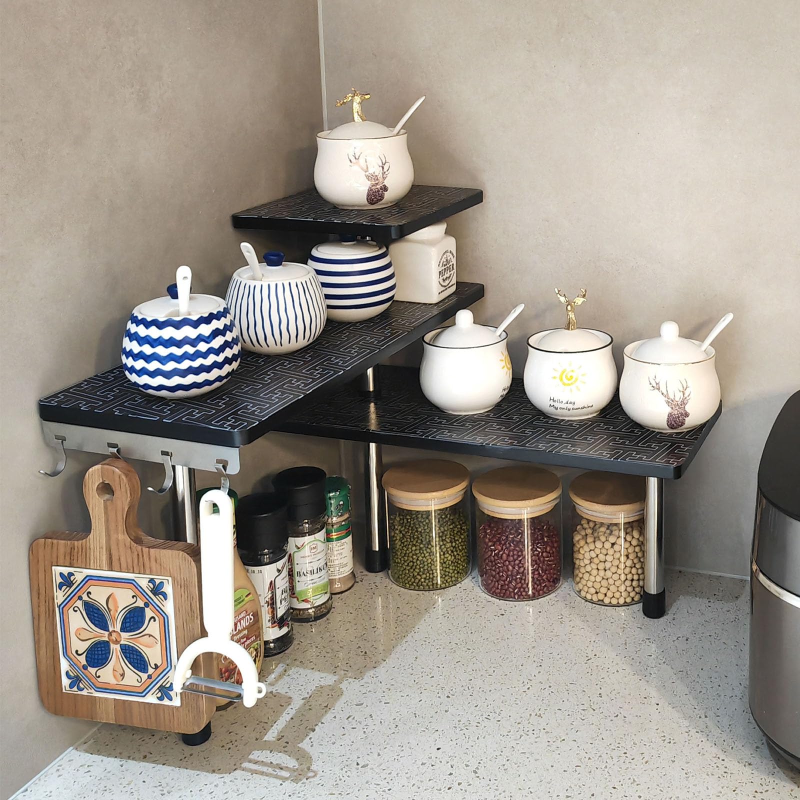HYNAWIN Countertop Shelf,Bamboo Corner Shelf Over The Table with Printed Pattern,Desktop Storage and Organization