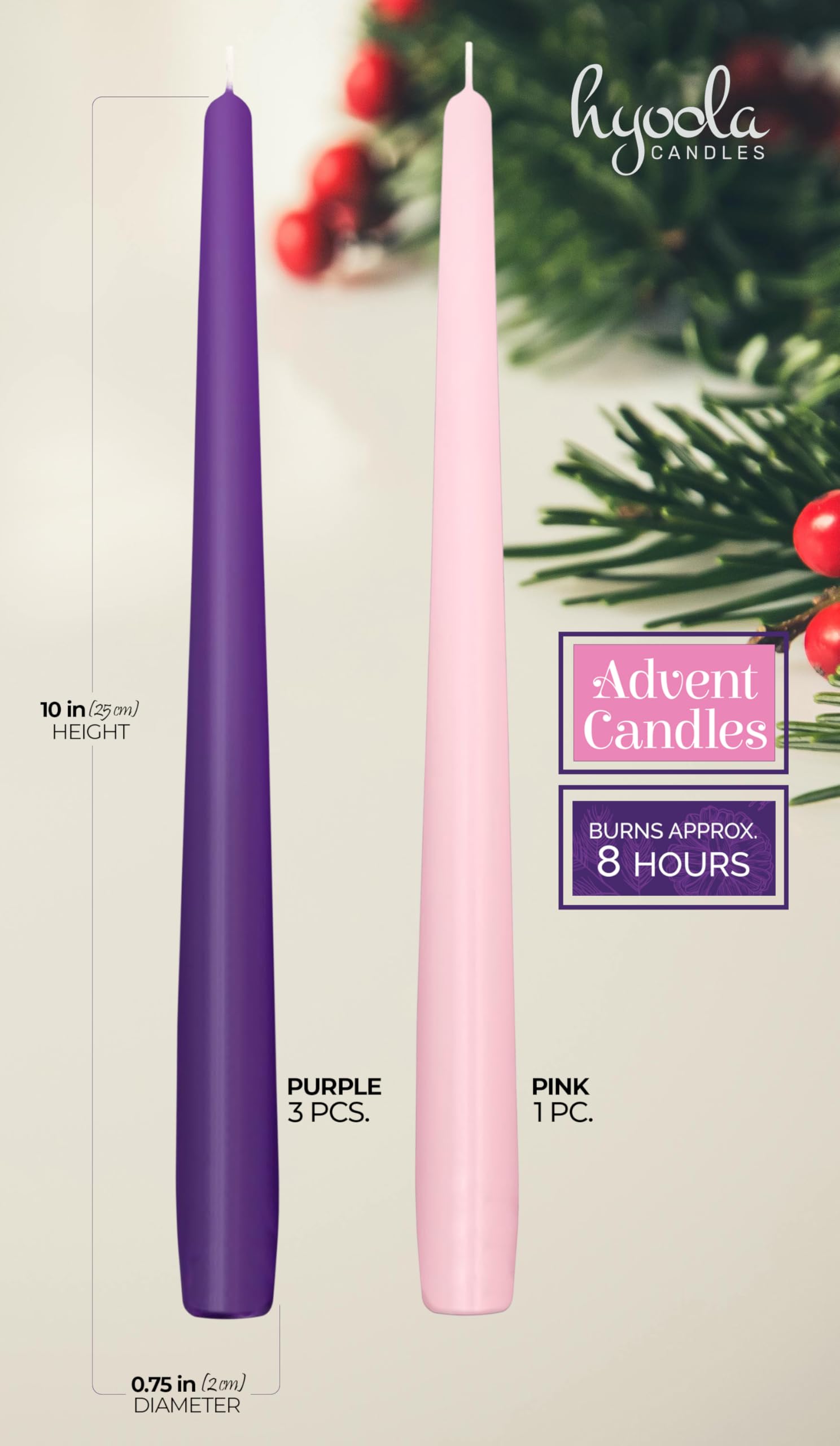 Hyoola Tall Taper Candles - 10 Inch White Unscented Dripless Taper Candles - 8 Hour Burn Time - 4 Pack