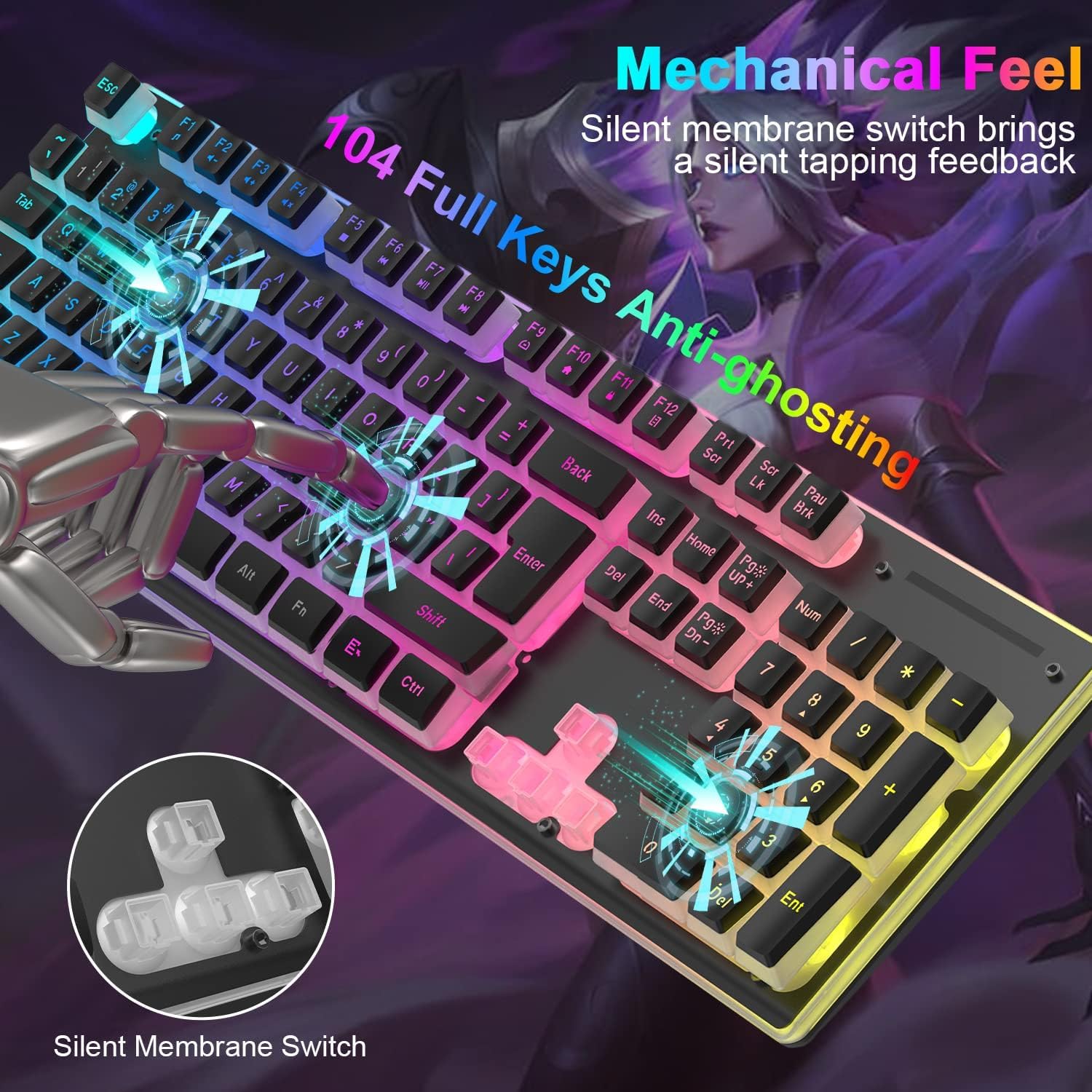 FELICON L96 Wireless Keyboard Mouse Combo, 3650mAh Rechargeable RGB Full Size Keyboard with Pudding Keycaps, Ergonomic Mechanical Feel 4800 DPi Rainbow Led Mute Mouse 2.4G USB for PC/Mac(Black)