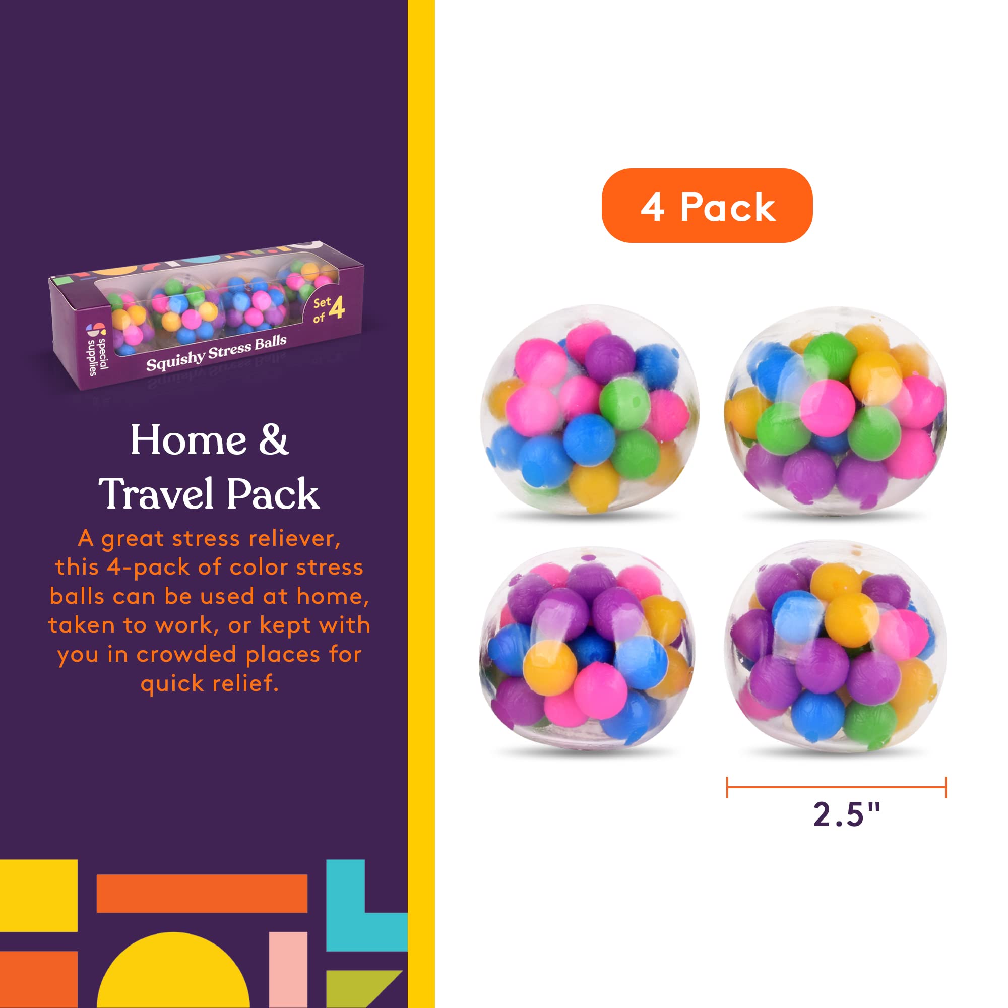 Squishy Stress Ball Squeeze, Color Sensory Toy, Relieve Tension, Anxiety, ADHD, Home, Travel and Office Use, Fun for Kids and Adults (4-Pack)