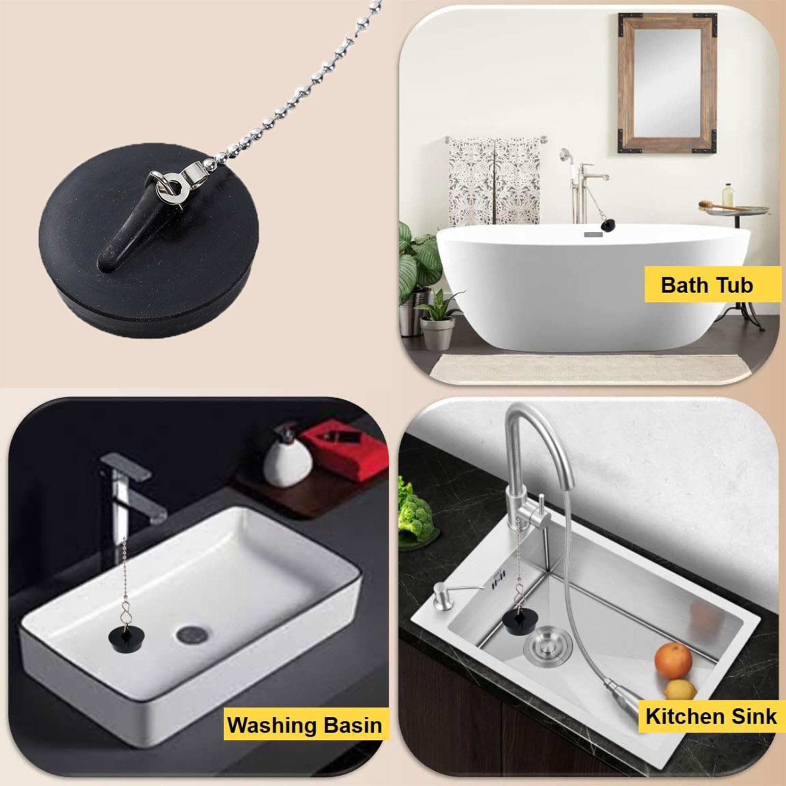 Gllehkt Universal Rubber Bath Plug with Chain Drain Stopper Handy Rubber Bath Plug for Kitchen & Bathroom Sinks 40mm Great