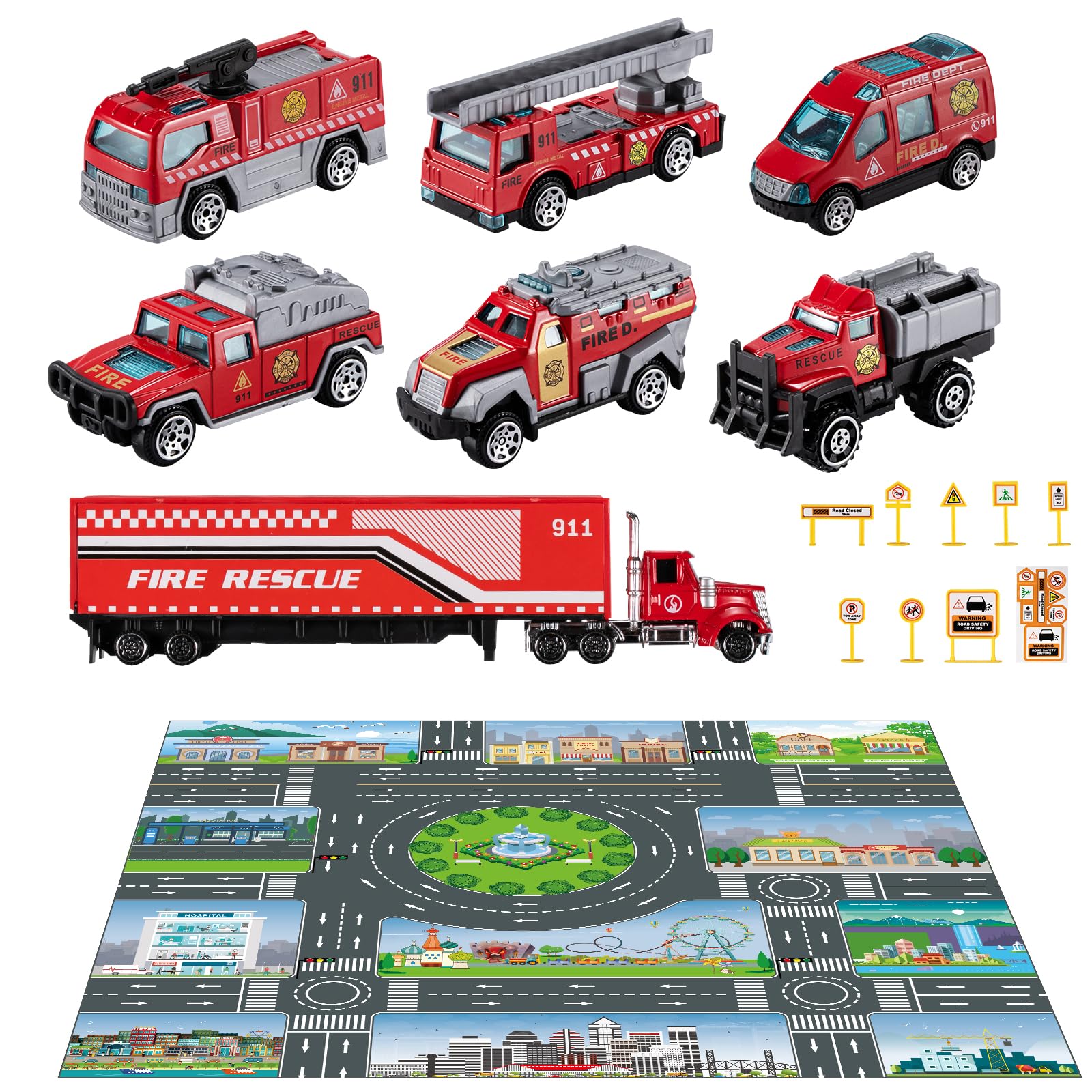 TEMI Diecast Emergency Fire Rescue Vehicle Toy Set w/Play Mat, Truck Carrier,Ambulance, Alloy Metal Fighting Car for 3 4 5 6 Years Old Toddlers Kids Boys and Girls