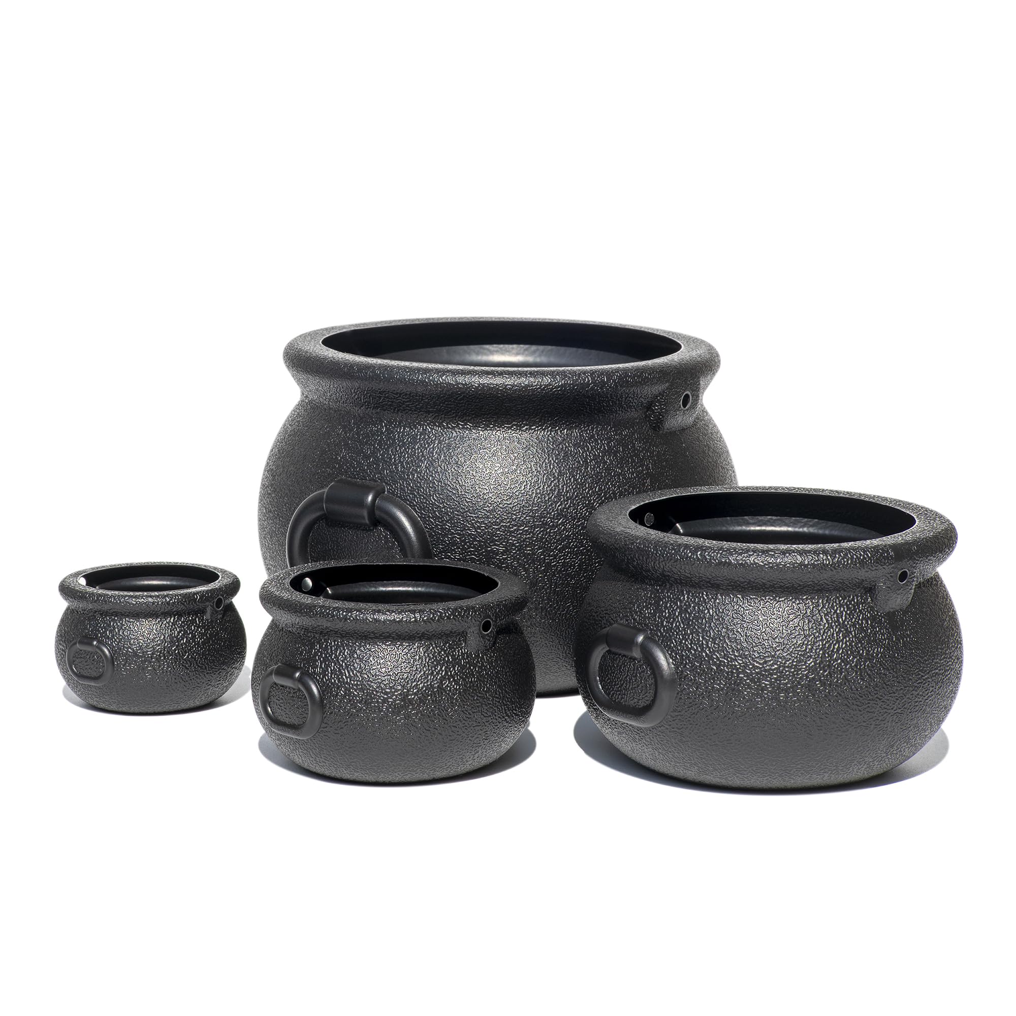 Glocamping 4 in 1(7.4”, 5.5”, 3.7”, 2.8”) Package Large Black Plastic Witch Cauldron Kettle, Candy Holder, Party Favor Decoration for St Patrick’s Day & Halloween