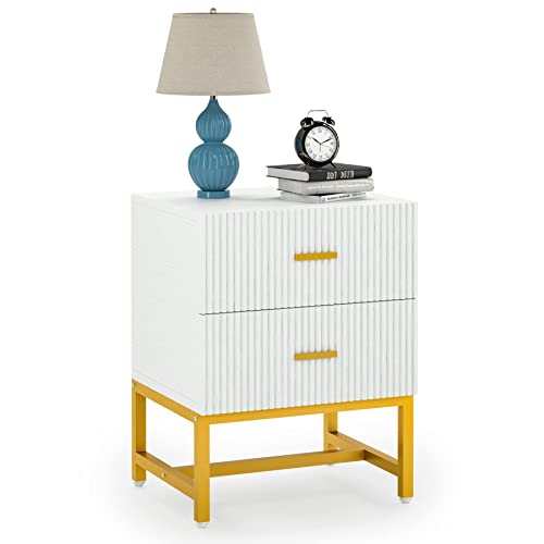 Tribesigns 2-Drawer Nightstand Set of 2, Modern Striped Night Stands Bed Side Table with Storage, White and Gold End Table Wood Metal Side Table for Living Room, Bedroom