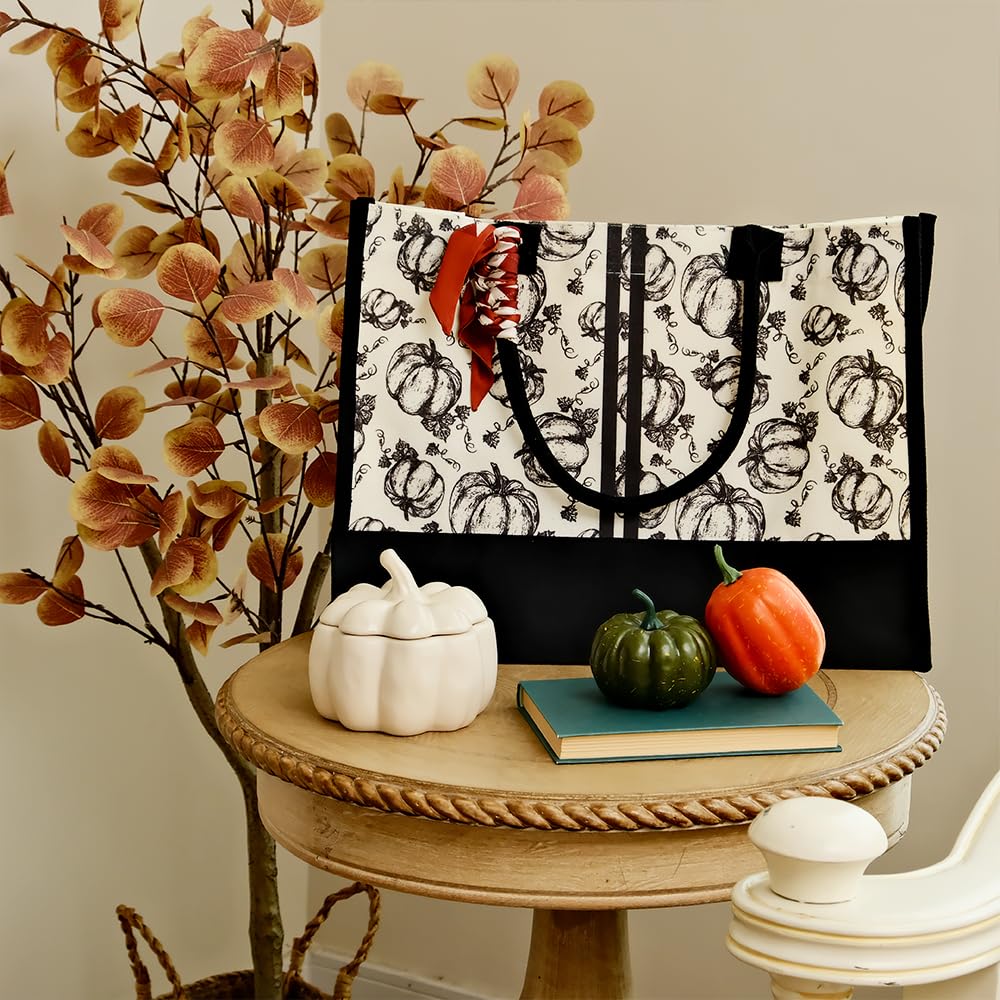 CROWNED BEAUTY Fall Canvas Tote Bag with Zipper Pocket Personalized Gift for Women, Pumpkins Leaves Beach Bag CT53