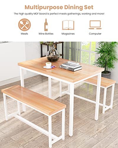 Recaceik 3 Piece Dining Table Set, 47.2" Kitchen Table and Chairs for 4, Dining Table with 2 Benches, Sturdy Structure, Space-Saving Dining Room Furniture Set Perfect for Breakfast Nook, Restaurant