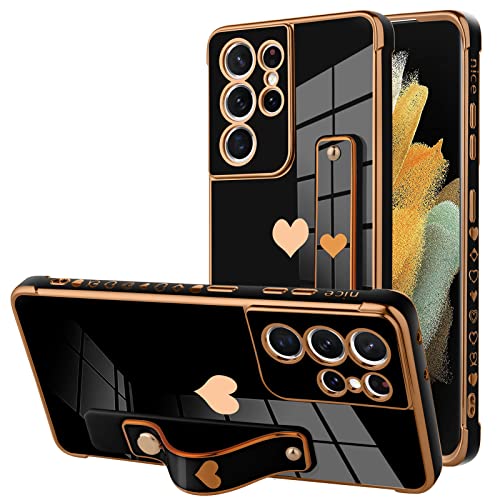 KANGHAR Designed for Samsung Galaxy S21 Ultra Case with Strap Luxury Love Heart Plating Gold Bumper Phone Cover Wristband Kickstand Full Body Protective Slim Case for Women - Black