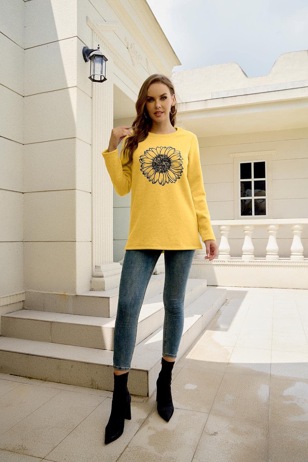 Esobo Womens Blouse Warm Pullover Sweatshirts Sunflower Printed Crewneck Long Sleeve Sweaters Tops Yellow