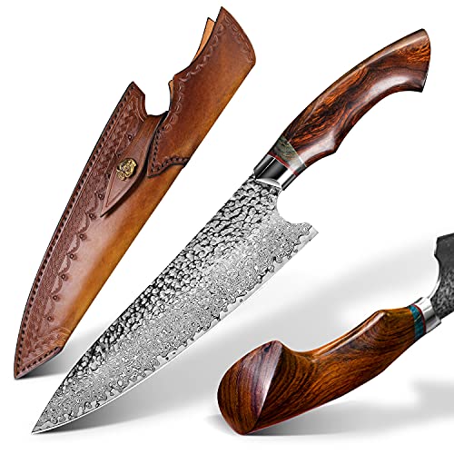 FZIZUO 8 inch damascus steel japanese chef knife,professional handmade desert Ironwood stabilized wood handle with sheath,cooking knives in home or restaurant kitchen