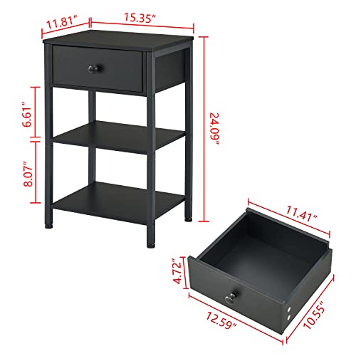 Hoctieon Nightstand, Nightstand with Drawer, Small Bedside Table, End Table with Drawer, Small Nightstand, Industrial Nightstand, Easy Assenbly, for Bedroom, Living Room, Office, Wood, Black