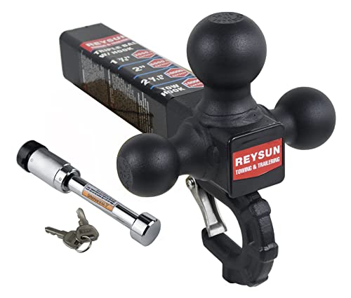 REYSUN Trailer Hitch 864011L Tri Ball Mount with Hook, Tactical Tow Hook, Fits 2 inch Hitch Receiver, Secure with Self-Lock Latch, Matt Black, 5/8 Inch Hitch Lock IncludedâŚ
