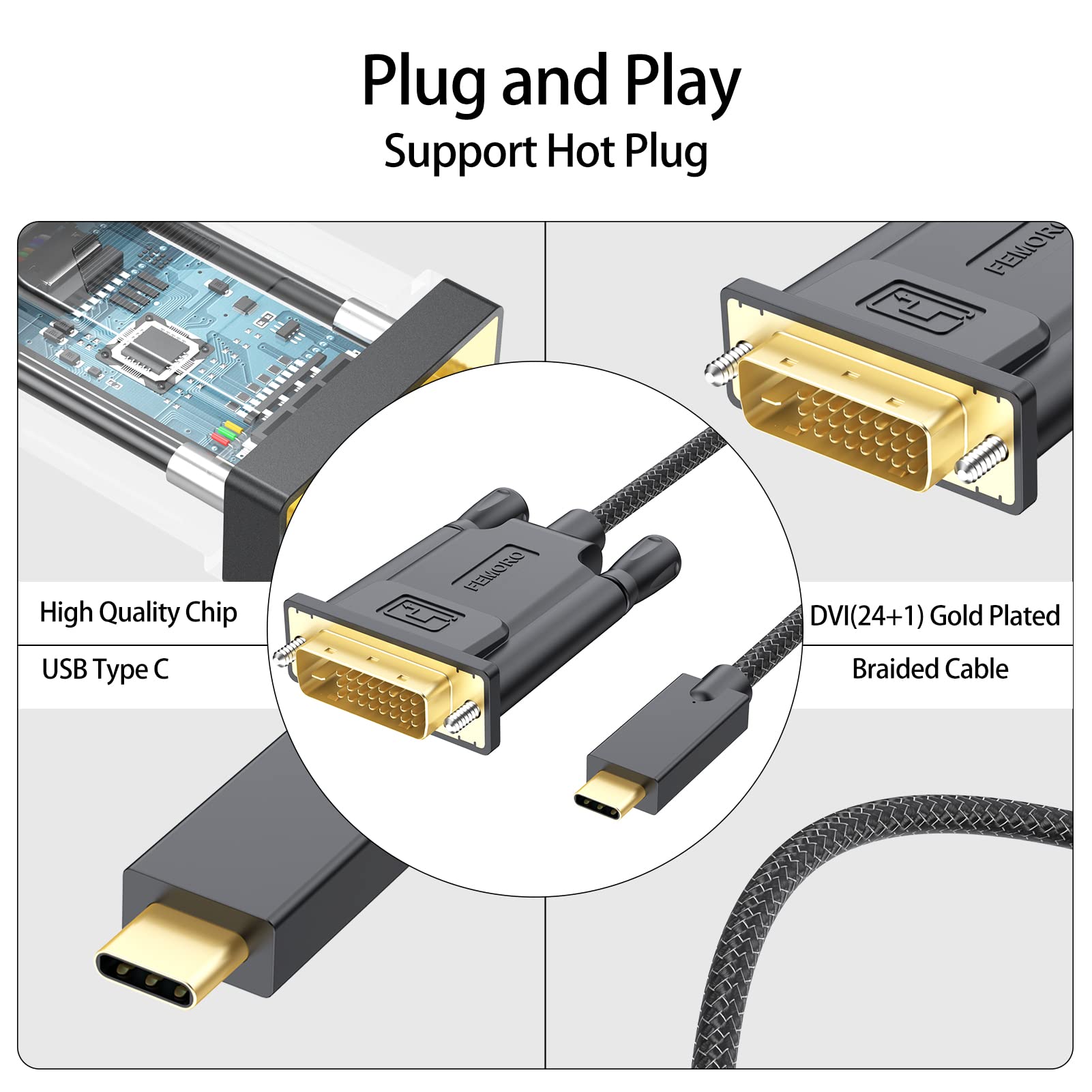 FEMORO USB C to DVI Cable 6 Feet, USB-C (Thunderbolt 3 Compatible) to DVI Cable Braided Compatible for MacBook Pro 2016-2022, Surface Book 2, Dell XPS 13/15, Galaxy
