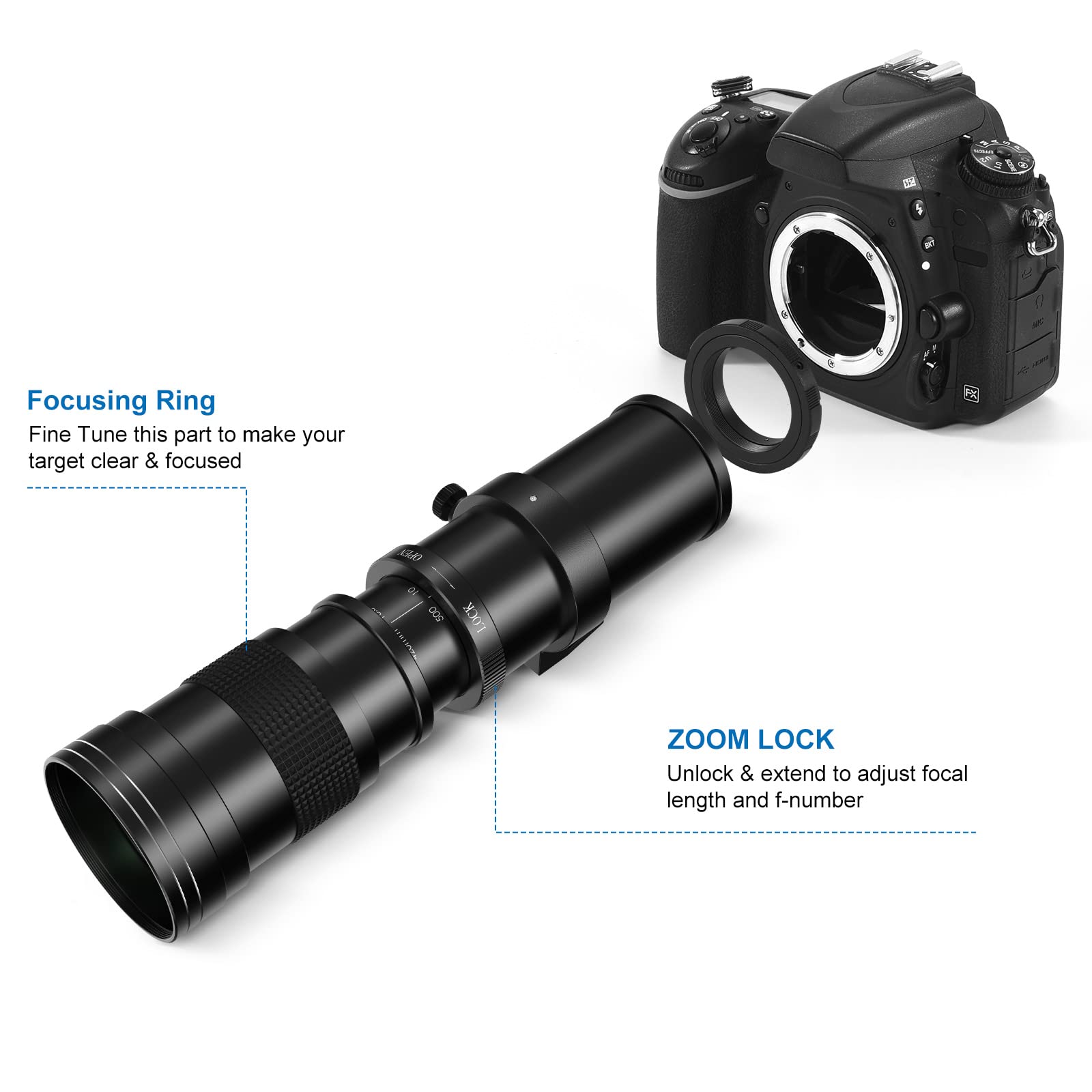 Ultra Telephoto 420-800mm F8.3 Manual Zoom Lens for Nikon DSLR F-Mount Cameras(D850 D810 D800 D610 D750 D500 D7200 D7500 D7100 D5600 D5300 D600 D3500 D3400 D3300 D3200 D5200 D5100 D5000 D7000 D700)