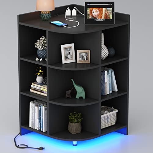 Gyfimoie Corner Storage Cabinet with Charging Station and LED Lights, 9-Cubby Corner Bookshelf Bookcase with USB Ports and Outlets, Corner Night Stand Printer Stand for Small Corner Space