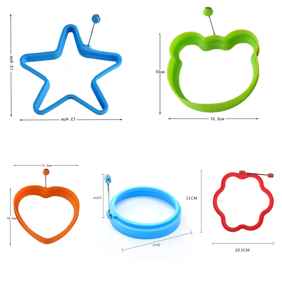 Egg Ring- Fried Egg Mold, 5pcs Different Shapes Stainless Steel Egg Poacher, Non Stick Pancake Shaper Mold With Handles (Silicone)