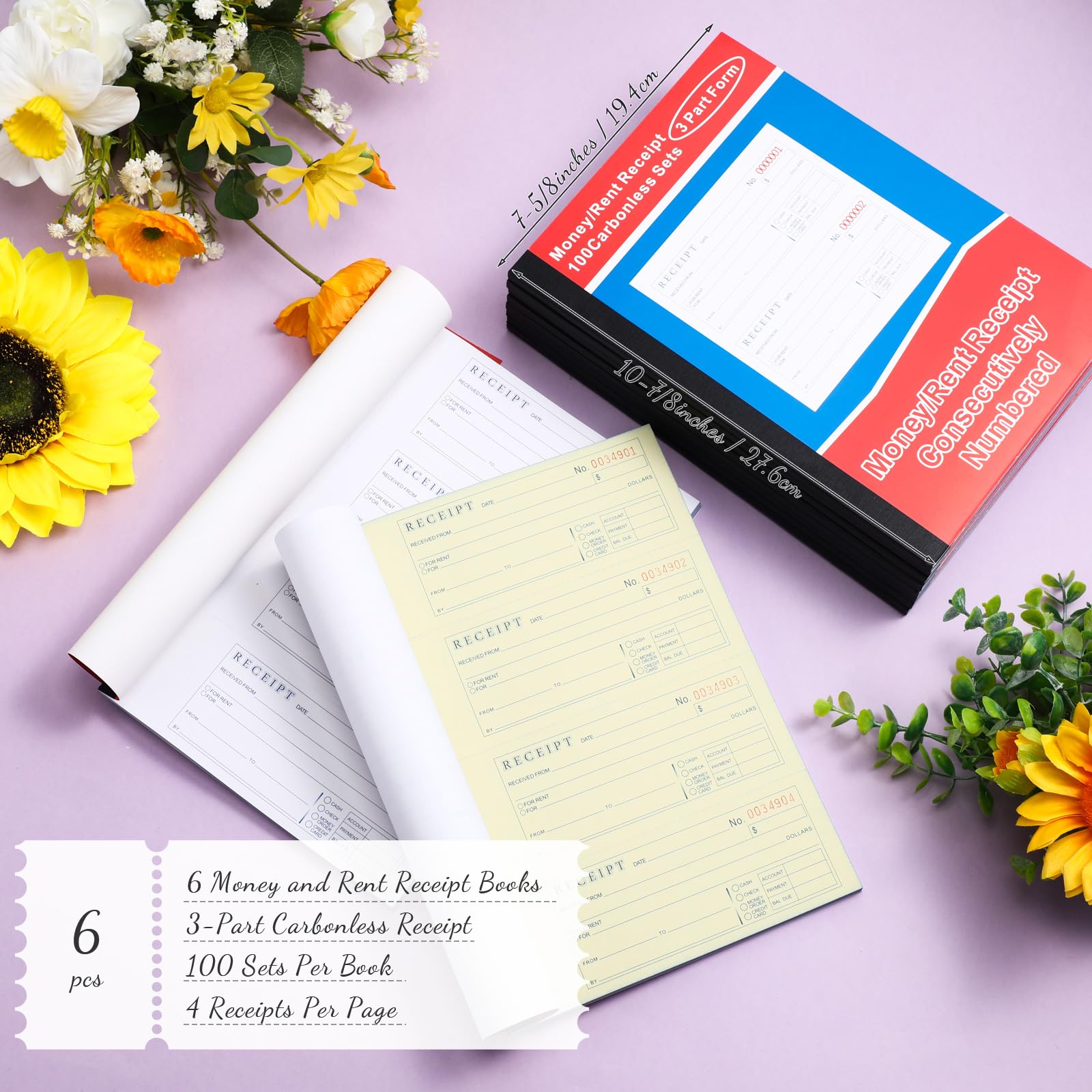 Crtiin 6 Books Money and Rent Receipt Book 3 Part Carbonless Receipt Book, 7-5/8" x 10-7/8", Bound Cover Receipt Log Book 100 Sets Per Book 4 Receipts Per Page