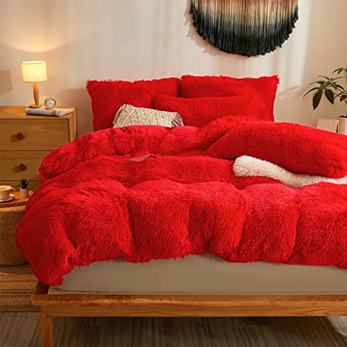 Red Fluffy Comforter Cover Shaggy Plush Set,Ultra Soft Faux Fur Duvet Cover Bedding Sets Queen 3 Pieces with Pillow Cases, red Fuzzy Bed Set Zipper Closure (Red, Queen)