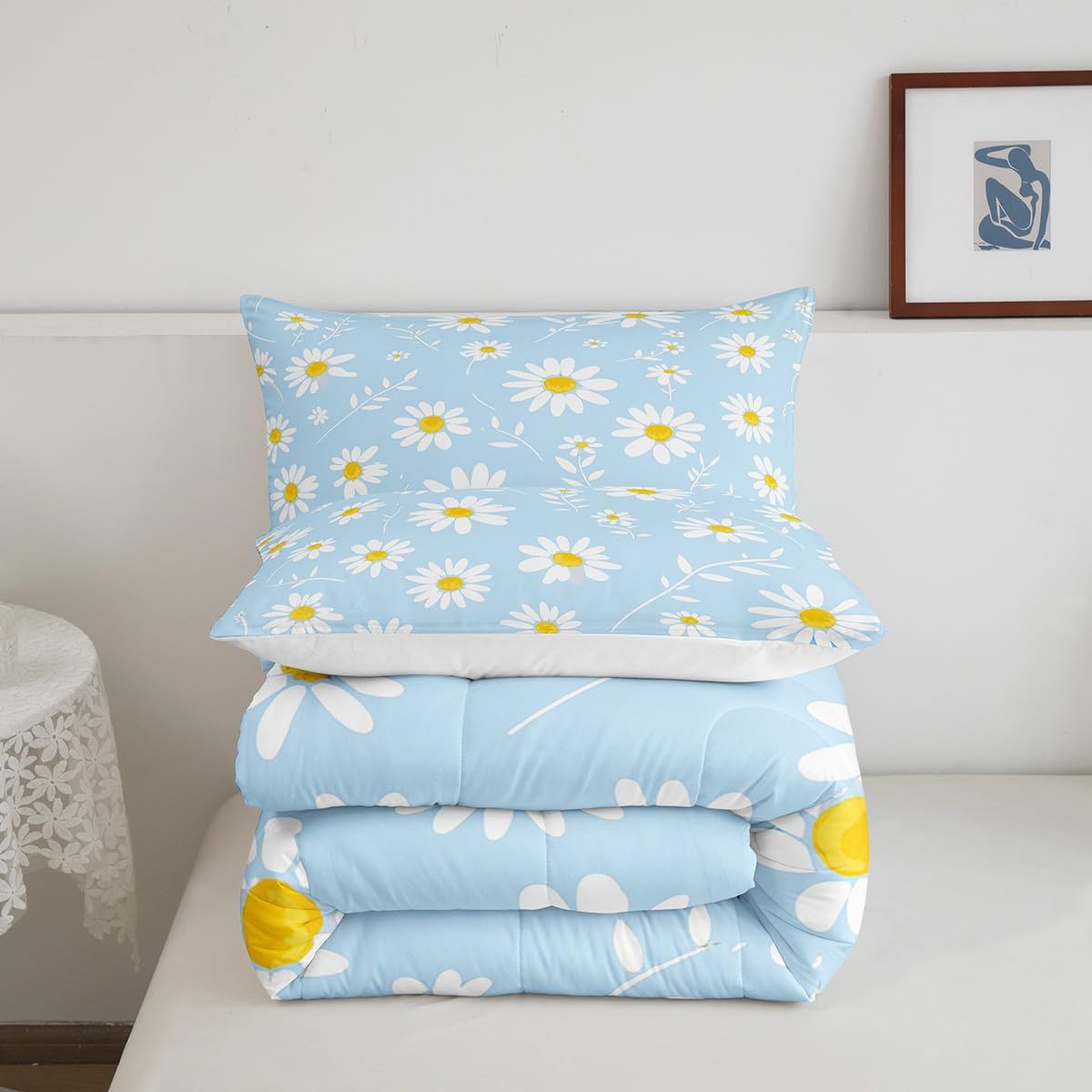 Manfei Daisy Comforter Set Twin Size, White Flower Leaves Bedding Set 2pcs for Kids Boys Girls Bedroom Decor, Botanical Garden Artwork Quilt Set Soft Polyester Duvet Set with 1 Pillowcase