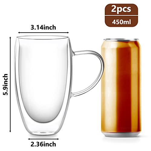 E-Greetshopping 16 oz Double Wall Glass Coffee Mugs,Insulated Layer Coffee Cups with Handles,Cappuccino Latte Macchiato Glasses Cups, Heat Resistant for Hot Drinks Tea Milk Juice Ice Cream(Set of 2)
