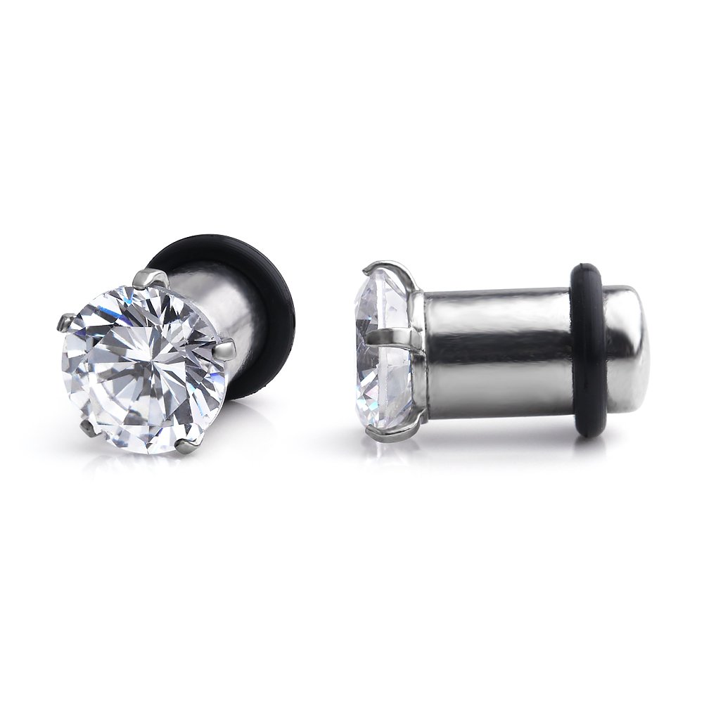 Ruifan 316L Surgical Steel Single Flare Prong Set Clear CZ Ear Stretcher Expander Plugs Piercing Gauge with O-Ring 2G(6mm)- Sold As a Pair