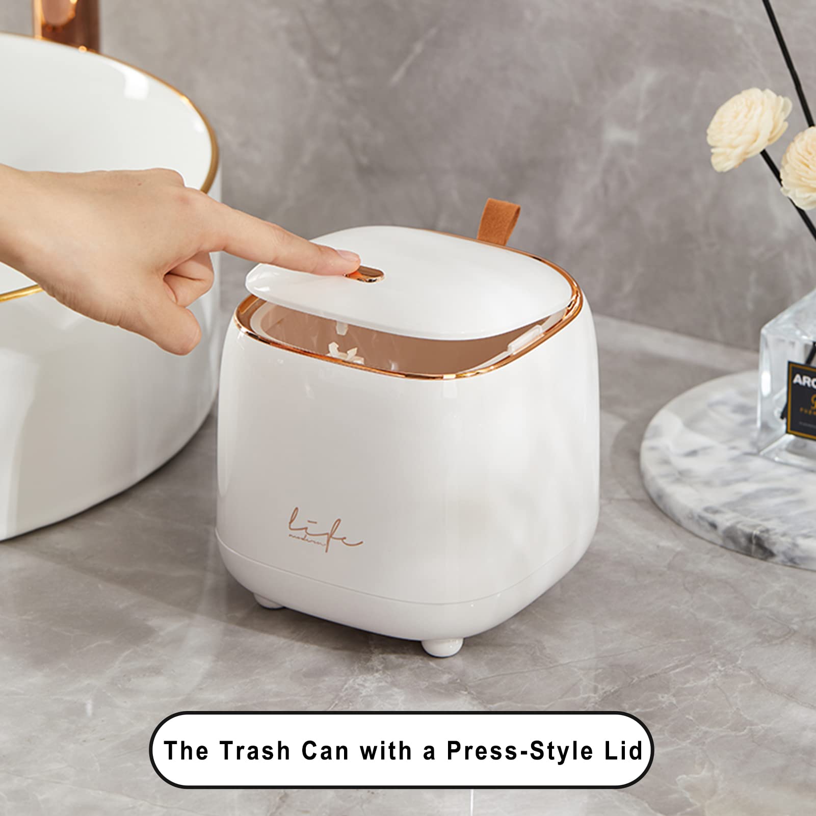 LtyTz 2 Pack Mini Trash Can and Tissue Box Holder,Waste Can with Press Type Lid for Bathroom Vanity, Desktop, Kitchen, Tabletopand Office