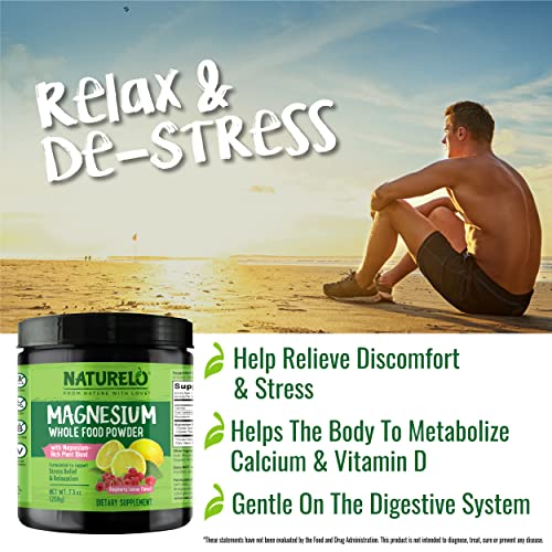 NATURELO Whole Food Magnesium Powder - Supports Stress Relief, Relaxation, Raspberry Lemon Flavor - 40 Servings | 7 oz