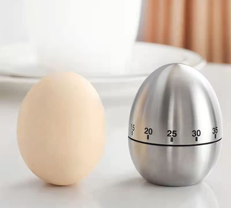 Egg Timer Stainless Steel Mechanical Rotating Alarm 60 Minutes Count Down Timer for Cooking Learning Egg Kitchen Timer(Silver,Egg Shape)