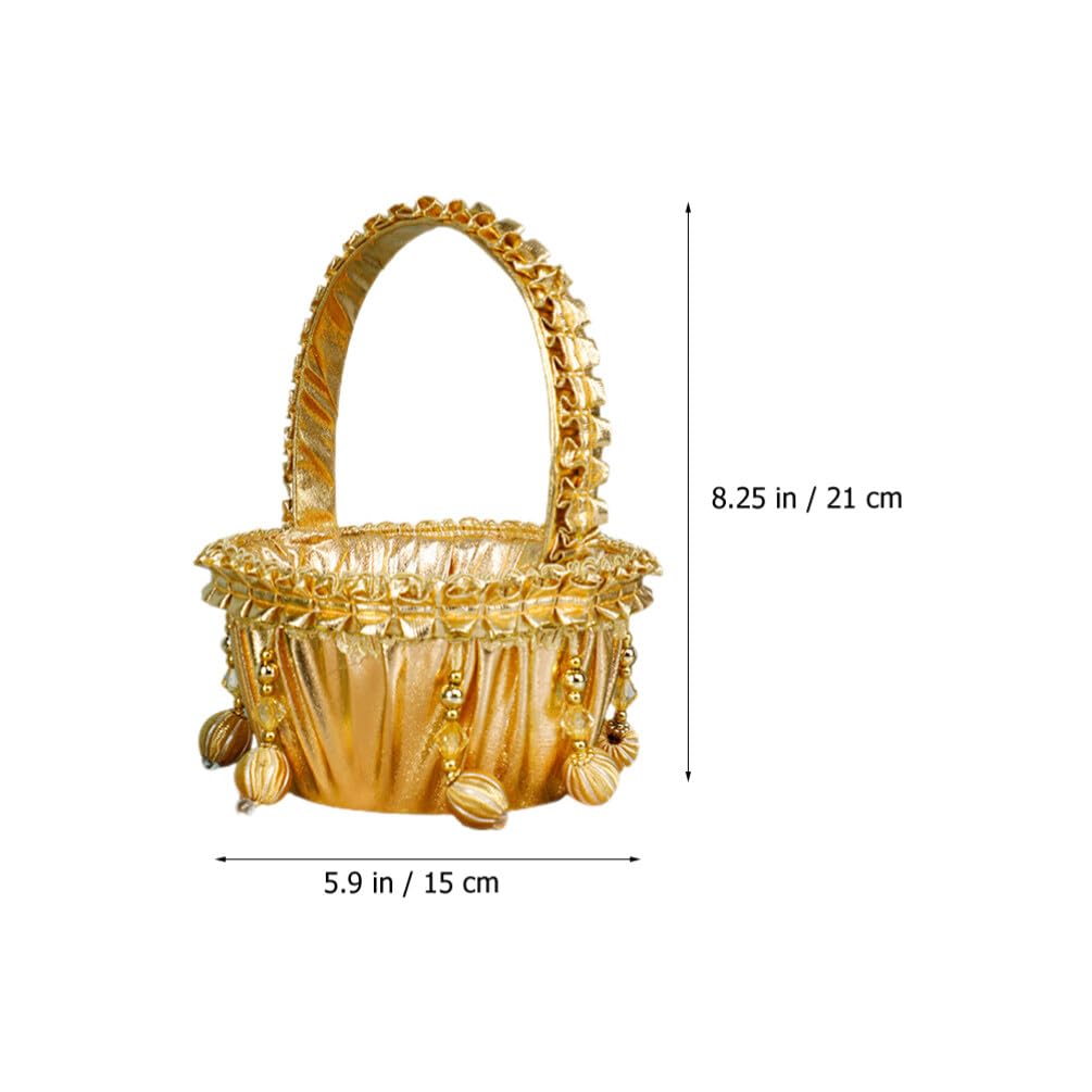 Golden Flower Girl Baskets for Wedding Flower Girl Basket Handle Baskets with Beaded Tassel Bridal Rose Petals Basket Rustic Picnic Storage Basket for Easter