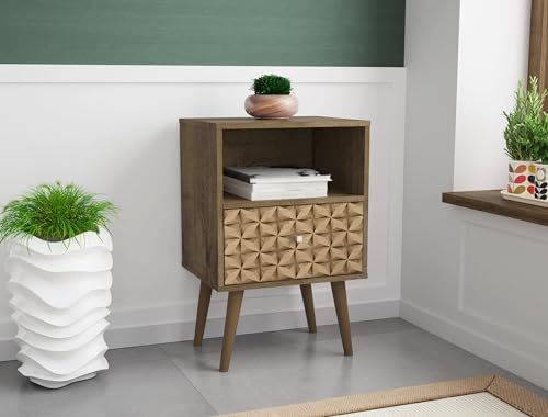 Manhattan Comfort Liberty Mid Century Modern Nightstand with Drawer and Cubby, Bedside Table for Bedroom and Living Room, Night Stand Accent Decor, Easy Assembly, Brown/Brown