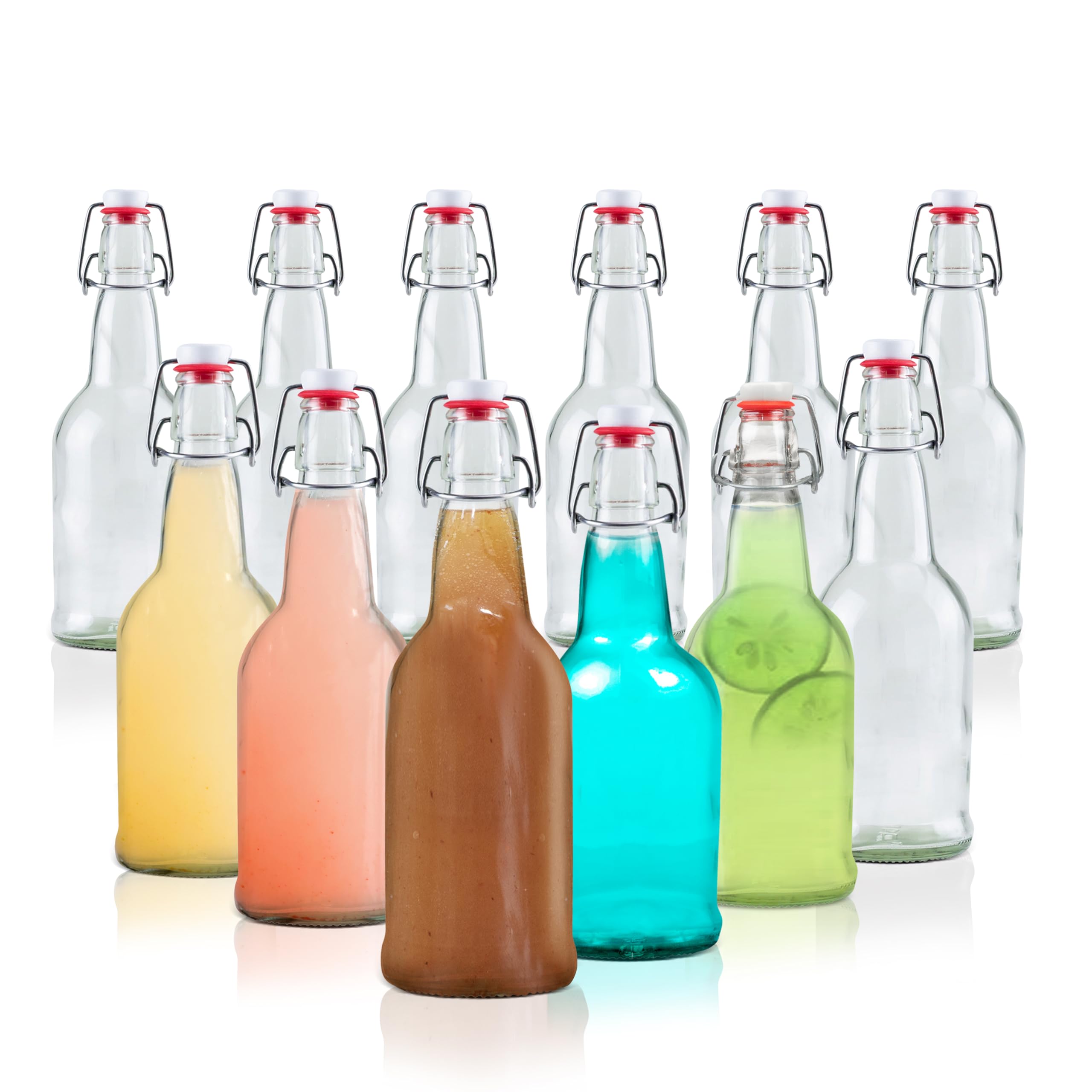Crutello 16 Ounce Clear Glass Flip Top Beer Bottles for Brewing - Beer, Kombucha, Soda, Juice - 12 Pack Glass Bottle for Fermentation, Storage, Drinking - A Family-Owned American Brand