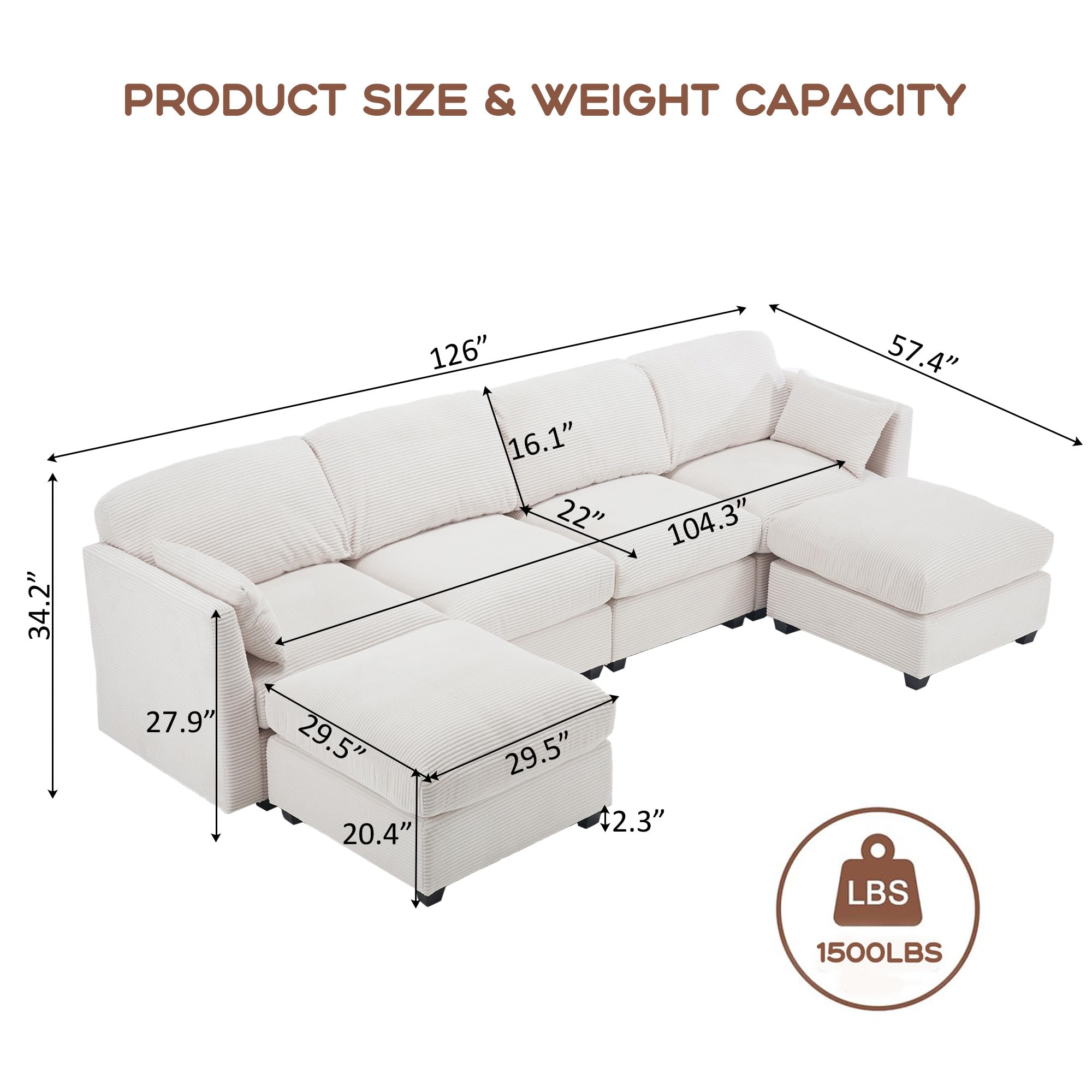 GNIXUU 126" Oversized Convertible Sectional Sofa Couch for Living Room, Corduroy Fabric Upholstered U Shaped Couch, Comfy Modular 6 Seat Sofa with Chaise, Beige