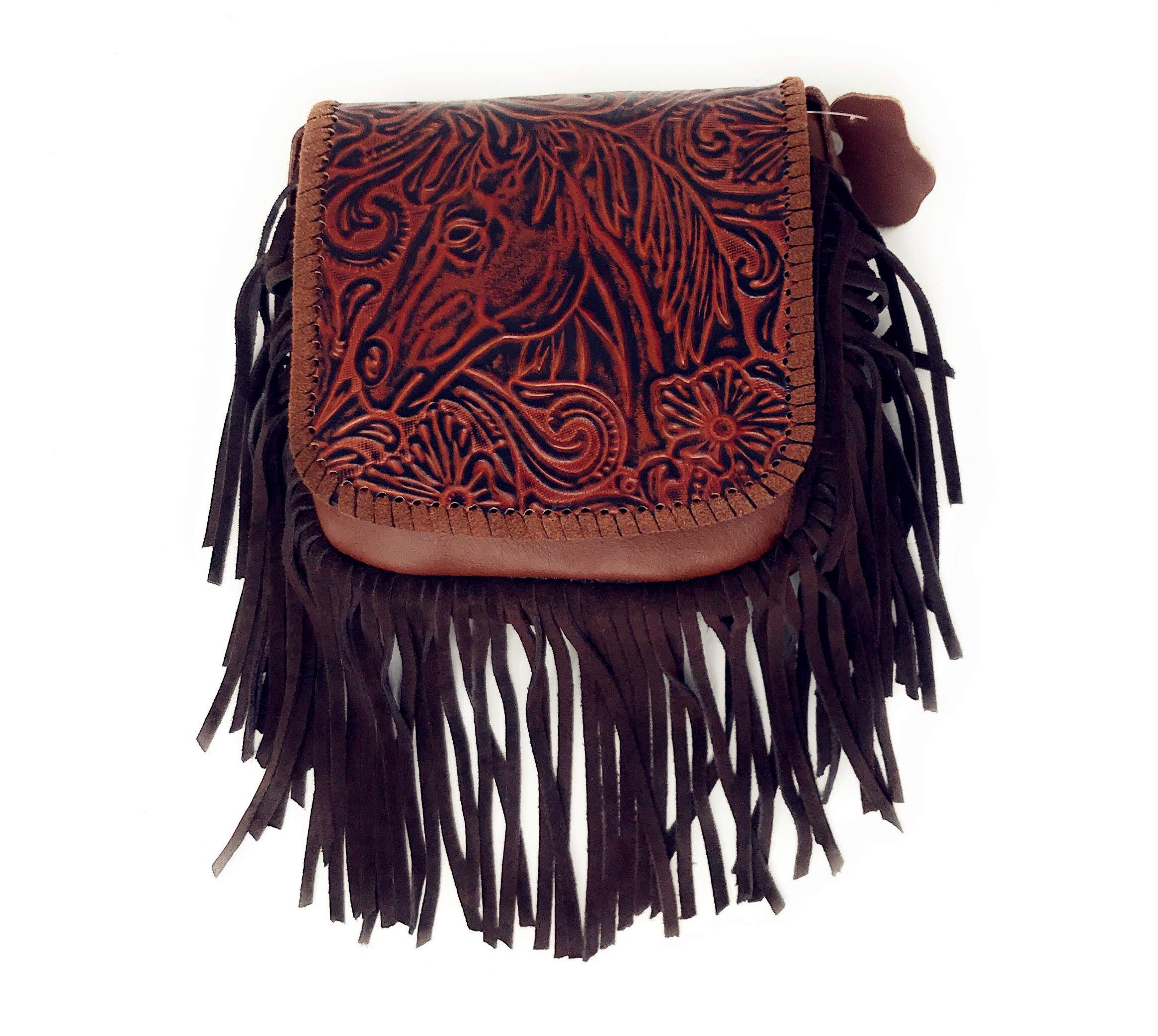 Texas West Western Genuine Leather Tooled Horse Fringe Women's Crossbody Bag in 2 colors (Brown)