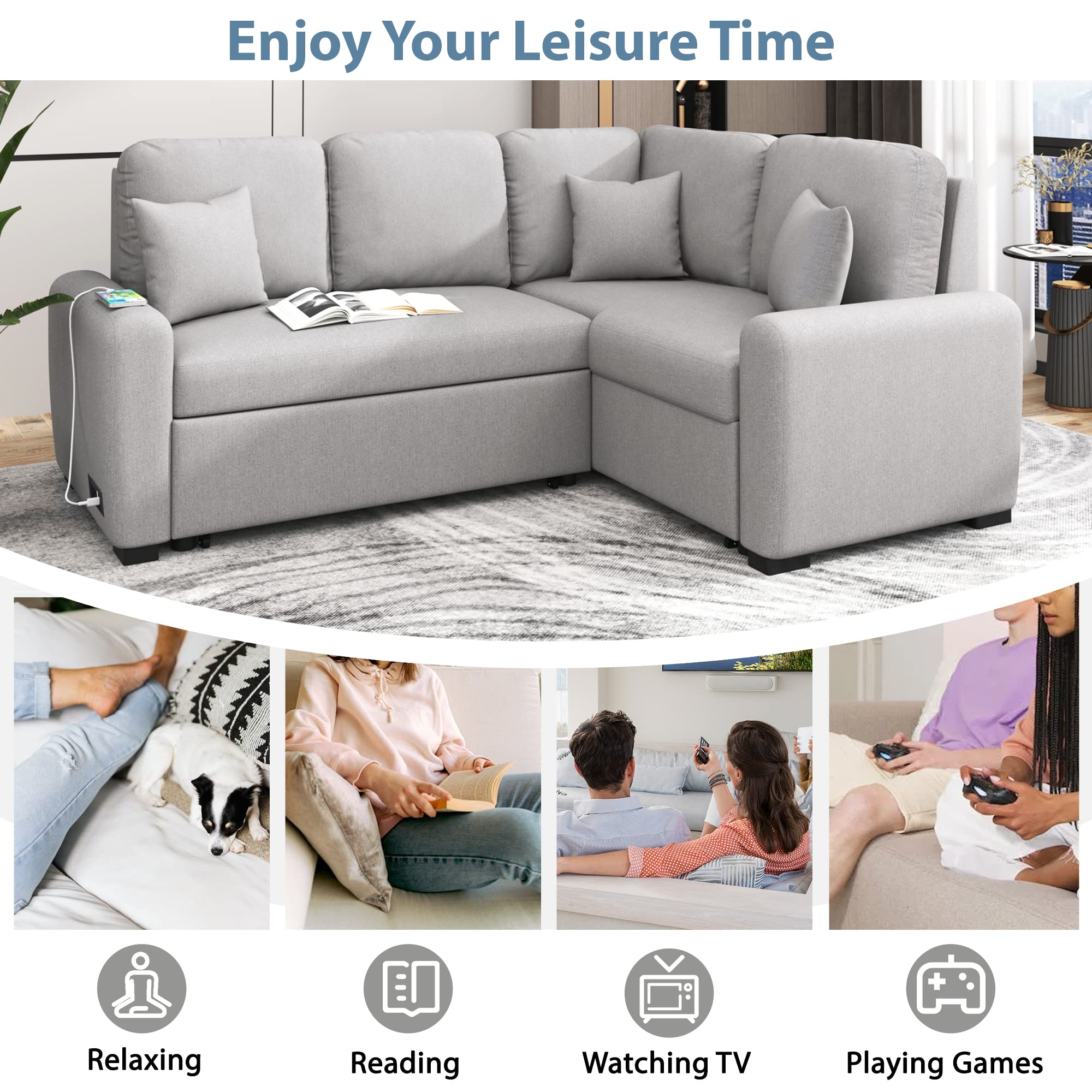 FANYE Pull-Out Sleeper Sofa Bed,L-Shaped Reversible Modular Sectional Couch Convertible Corner Sofá,4-Seat Chenille Upholstery Couches Chaise Lounge Sofacama with USB Ports,Plug Outlet and 3 Pillows