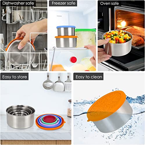 ikitchen Stainless Steel Snack Containers with Leakproof Silicone Lids, Salad Dressing Containers for Kids Reusable Metal Nesting Lunch Condiments Container Food Storage Set of 4