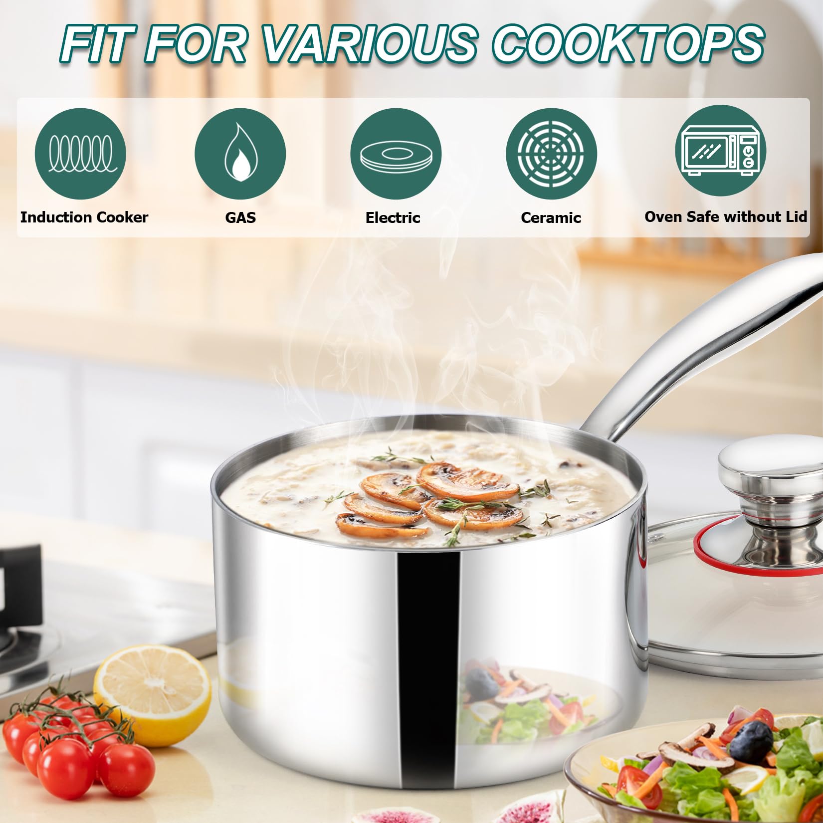 TeamFar 3qt Saucepan with Lid, Stainless Steel Tri-ply Pasta Sauce Milk Pan Small Cooking Pot with Ergonomic Handle, for Induction/Gas/Electric/Ceramic, Healthy & Heavy Duty, Dishwasher Safe
