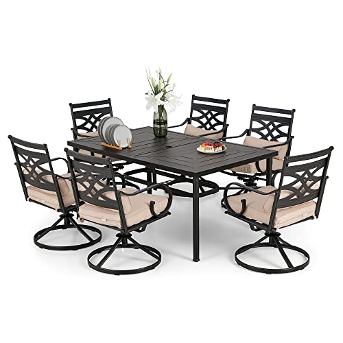 PHI VILLA Patio Dining Set for 6, 7 PCS Outdoor Dining Sets-1 Rectangle 39"x64" Dining Table (1.57in Umbrella Hole) & 6 Swivel Dining Chairs,Metal Patio Furniture for Outdoor Kitchen Lawn and Garden