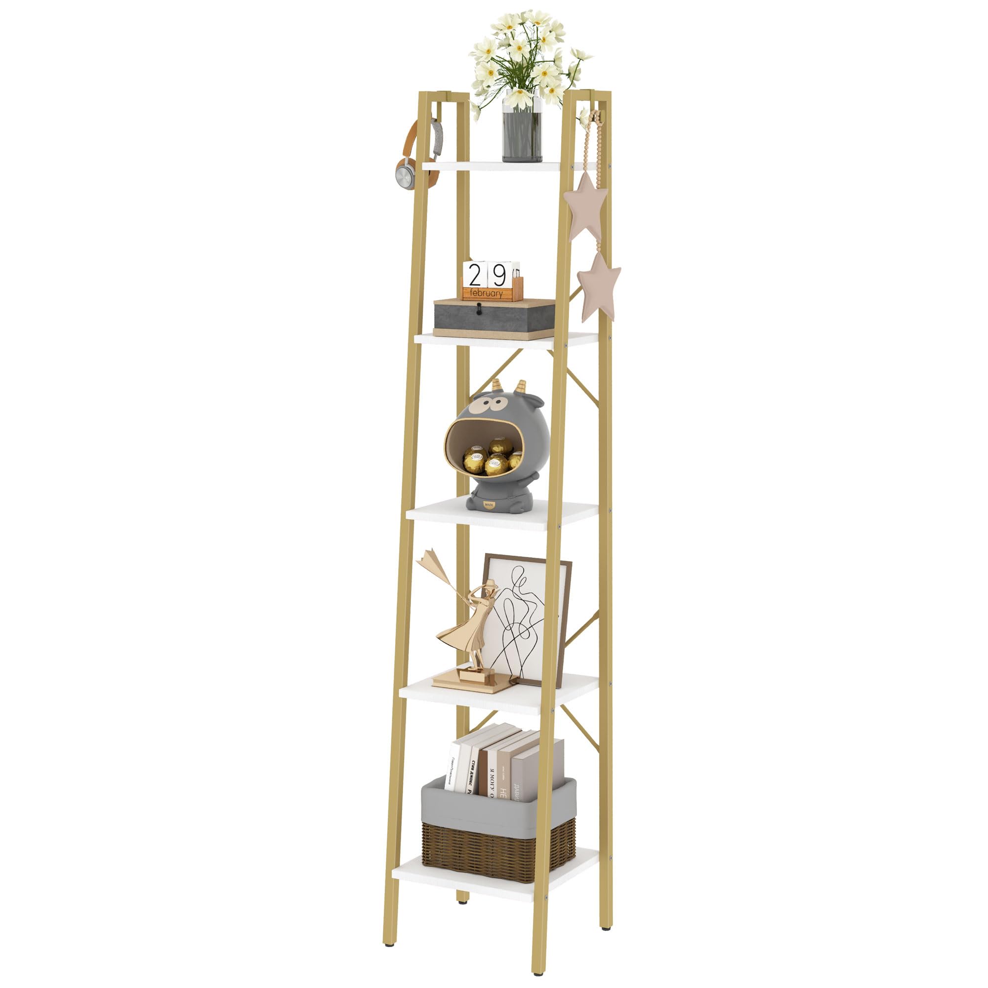 Hzuaneri Ladder Shelf, Bookshelf Bookcase, Freestanding Corner Storage Shelve with 2 Hooks for Home Office, Living Room, Kitchen, Bedroom, Industrial, 5-Tier White Gold BC03213G