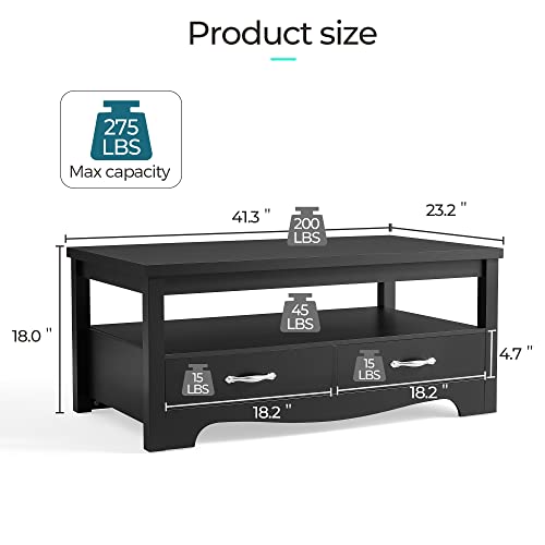 LINSY HOME Farmhouse Coffee Table with Storage, Wood Coffee Table for Living Room, Open Display Area and Storage Drawers with Metal Handles, Chic Style with Curved Base, Black
