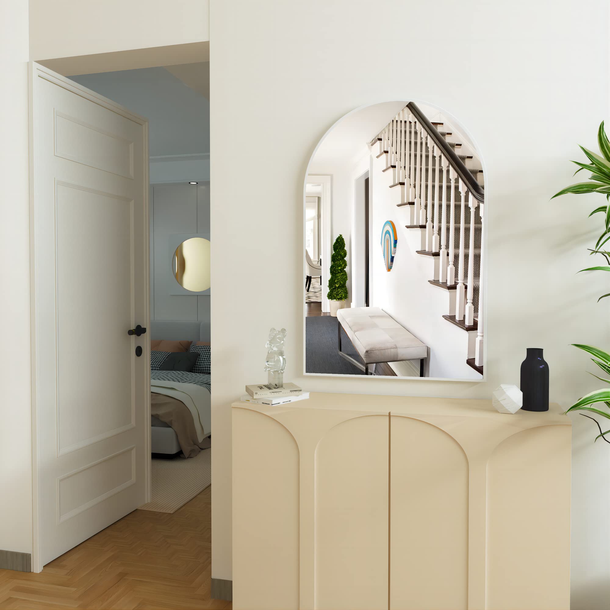 FENNIO Wall Mirrors for Bathroom, Bedroom, Living Room - 36 x 24 Inch Arched Wall Mounted Make up Vanity Mirror, Aluminum Frame Wall Decor Mirror, Brushed Silver