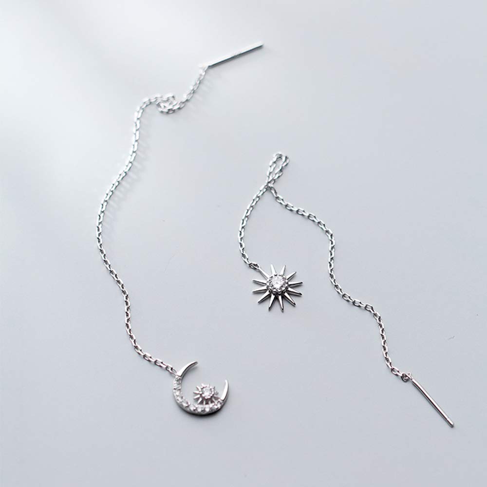 Crystal Crescent Moon Star Tassel Threader Chain Earrings S925 Sterling Silver Asymmetrical Dainty CZ Crystal Dangling Sun Long Chains Earring Jewelry for Women Girls (White Gold)